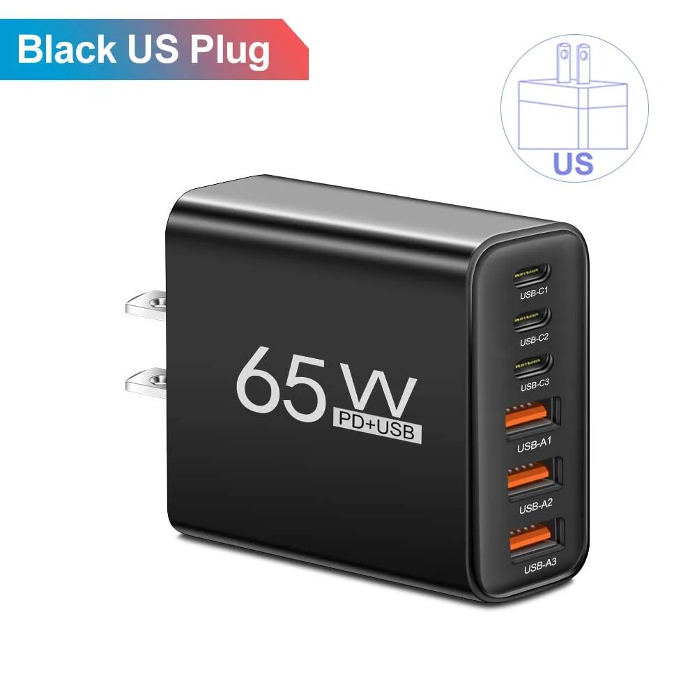 Зарядное устройство USB C мощностью 65 Вт, несколько 6 портов типа C PD, Белый, AR-883 US Black