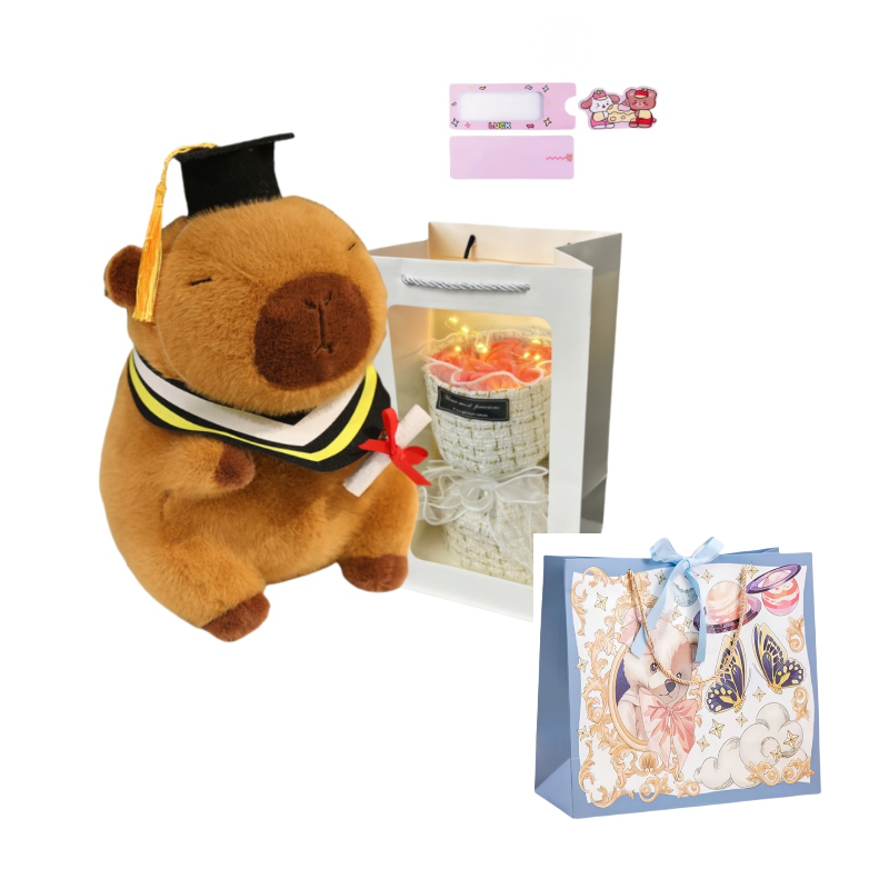 Плюшевая игрушка унисекс AOLETU Доктор Капибара Кун, 20 см, Graduation Capybara-Yellow Pompon+Litchi Pink Bouquet+Puppy Pull Tab Greeting Card