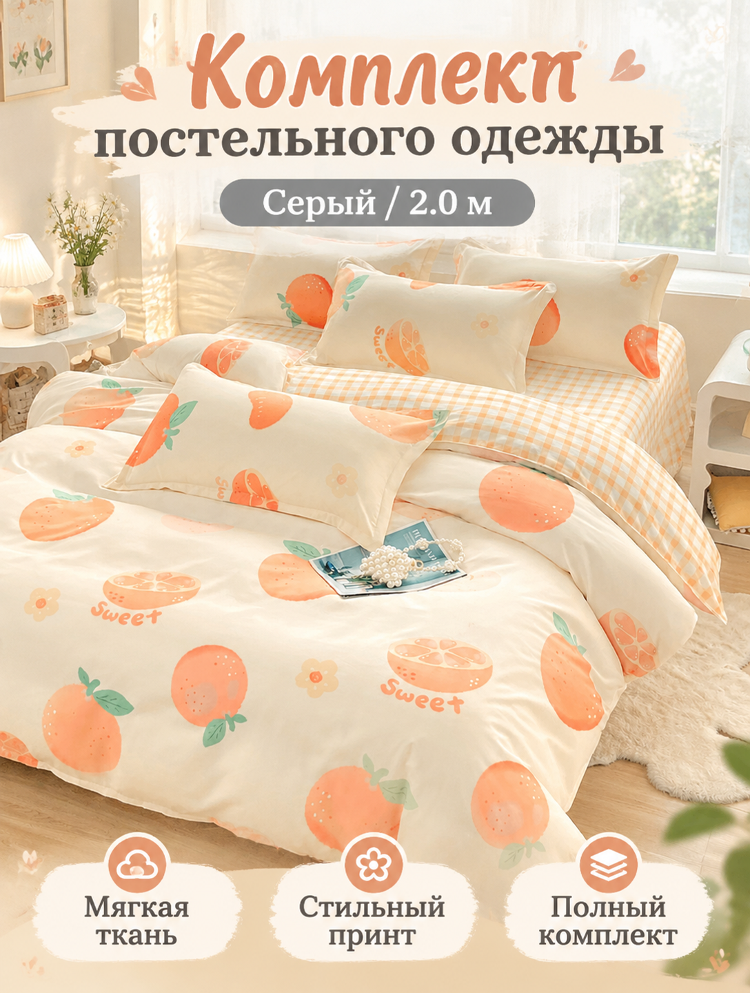 Пододеяльник 150х200 см оранжевый с принтом сердца, мягкая ткань браш, односпальный размер для уютного снаКомплект из 4 предметов