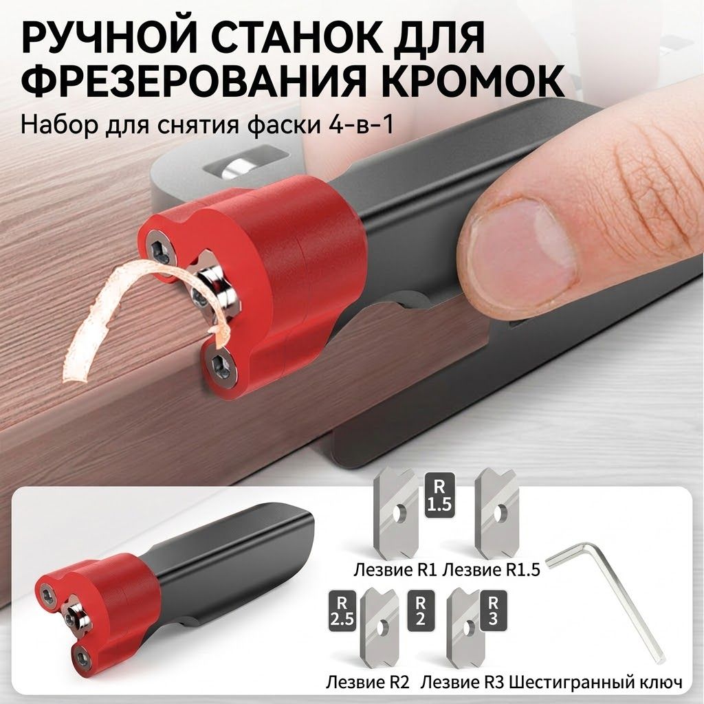Ручной кромкорез для ПВХ кромки, столярный фаскосниматель мебели, в комплекте 4 лезвия (R1, R1.5, R2, R3)