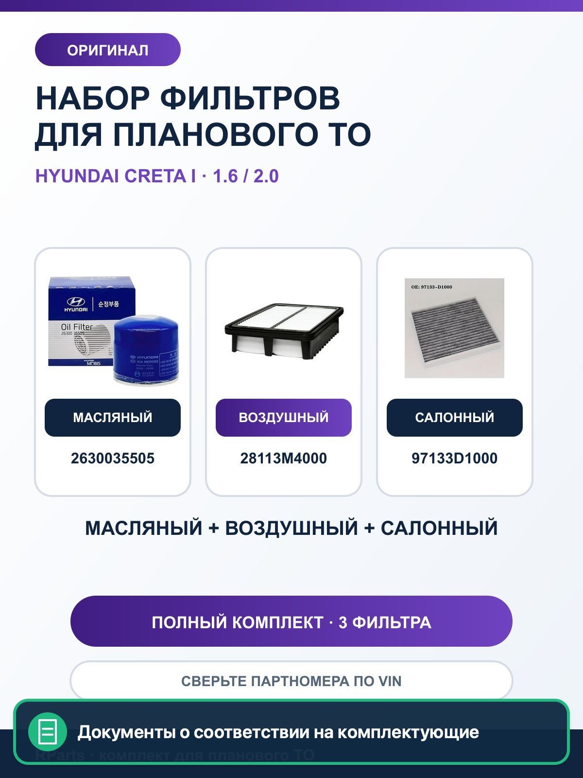 Набор фильтров для ТО Hyundai Creta I, 1.6/2.0: масляный, воздушный, салонный
