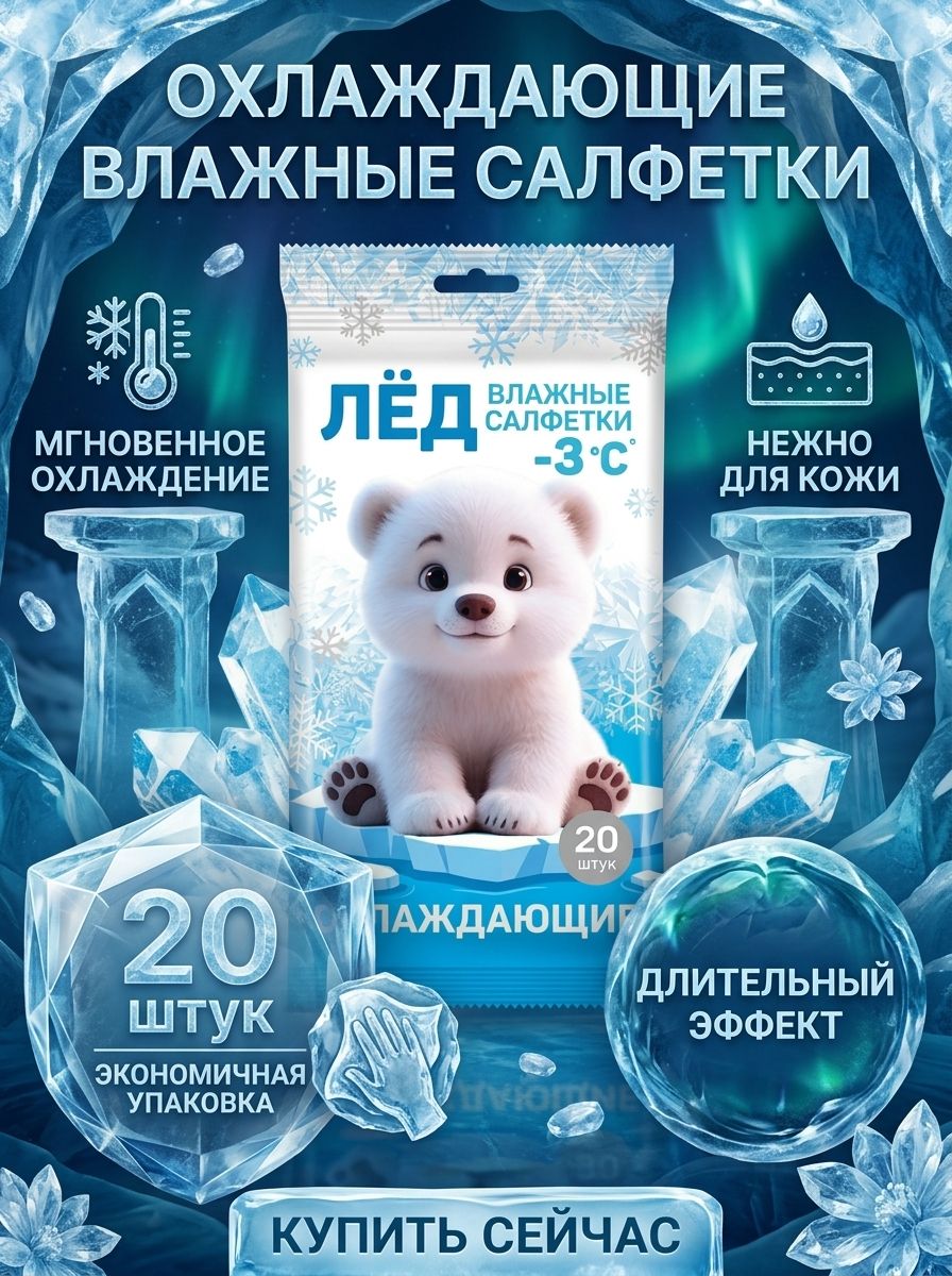 Влажные салфетки Охлаждающие "ЛЁД" , 20 шт.
