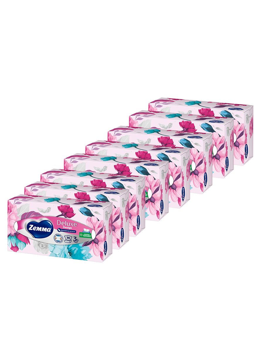 Салфетки бумажные косметические Zewa / Zemma Deluxe Дизайн,90 шт х 8 пачек