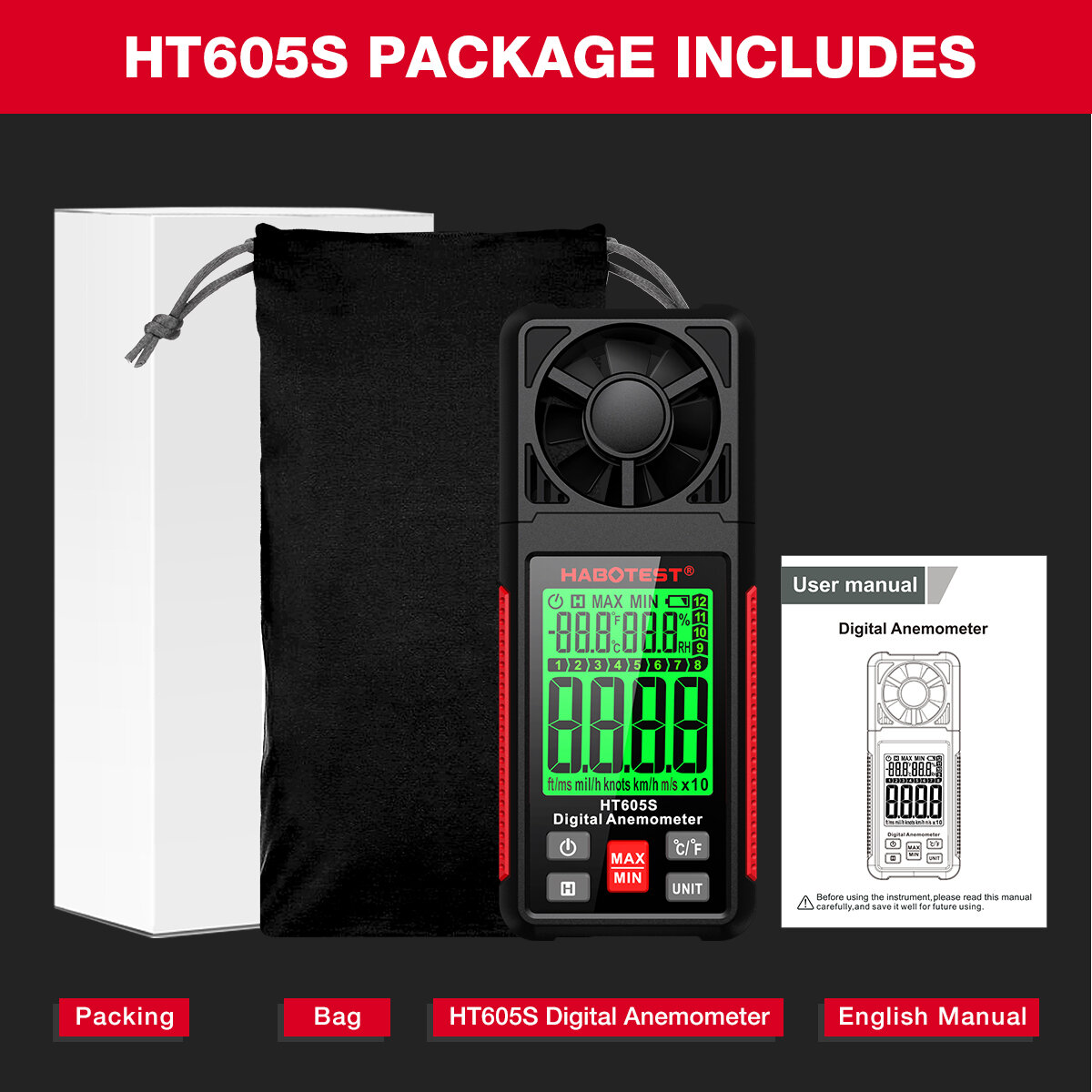 HABOTEST HT605S Цифровой анемометр 0-12 Шкала Бофорта Ручной измеритель скорости ветра с подсветкой ЖК-экран Измеритель расхода воздуха Датчик скорости воздуха Измеритель температуры и влажности для п