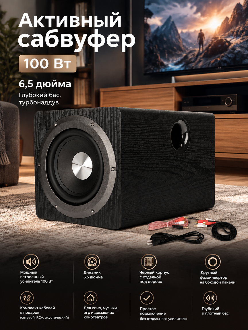 Активный сабвуфер 100 Вт с динамиком 6,5 дюйма: глубокий бас, корпус черный под дерево
