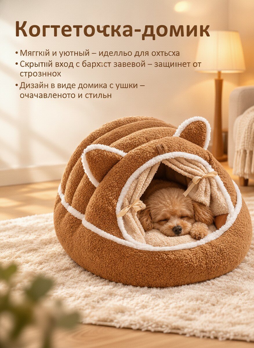 Домик для кошек и собак с ушками, размер 62×48×37 см, утепленное убежище для питомцев до 7,5 кг