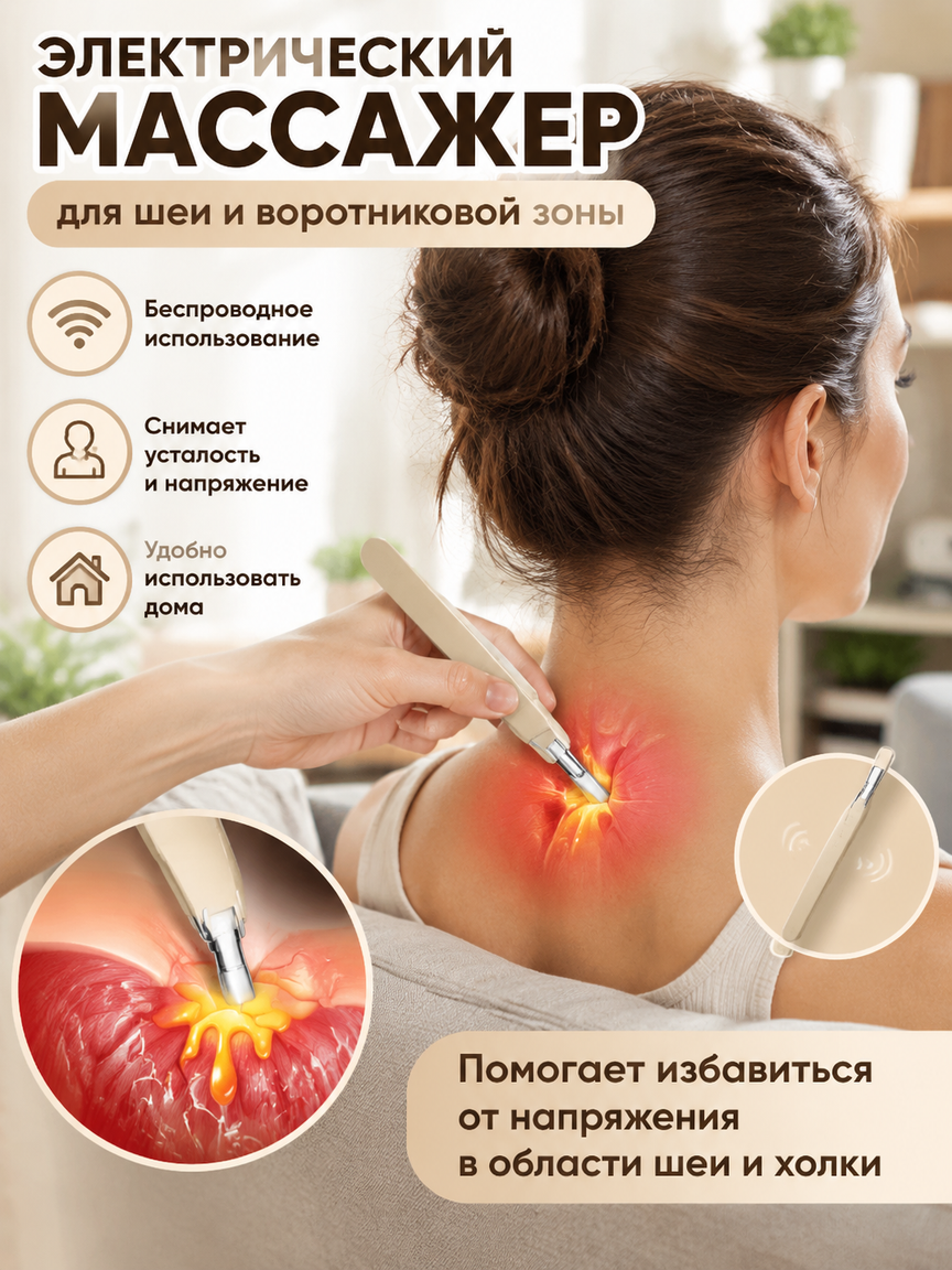 Массажер электрический для шеи и воротниковой зоны, беспроводной, от вдовьего горба, бежевый