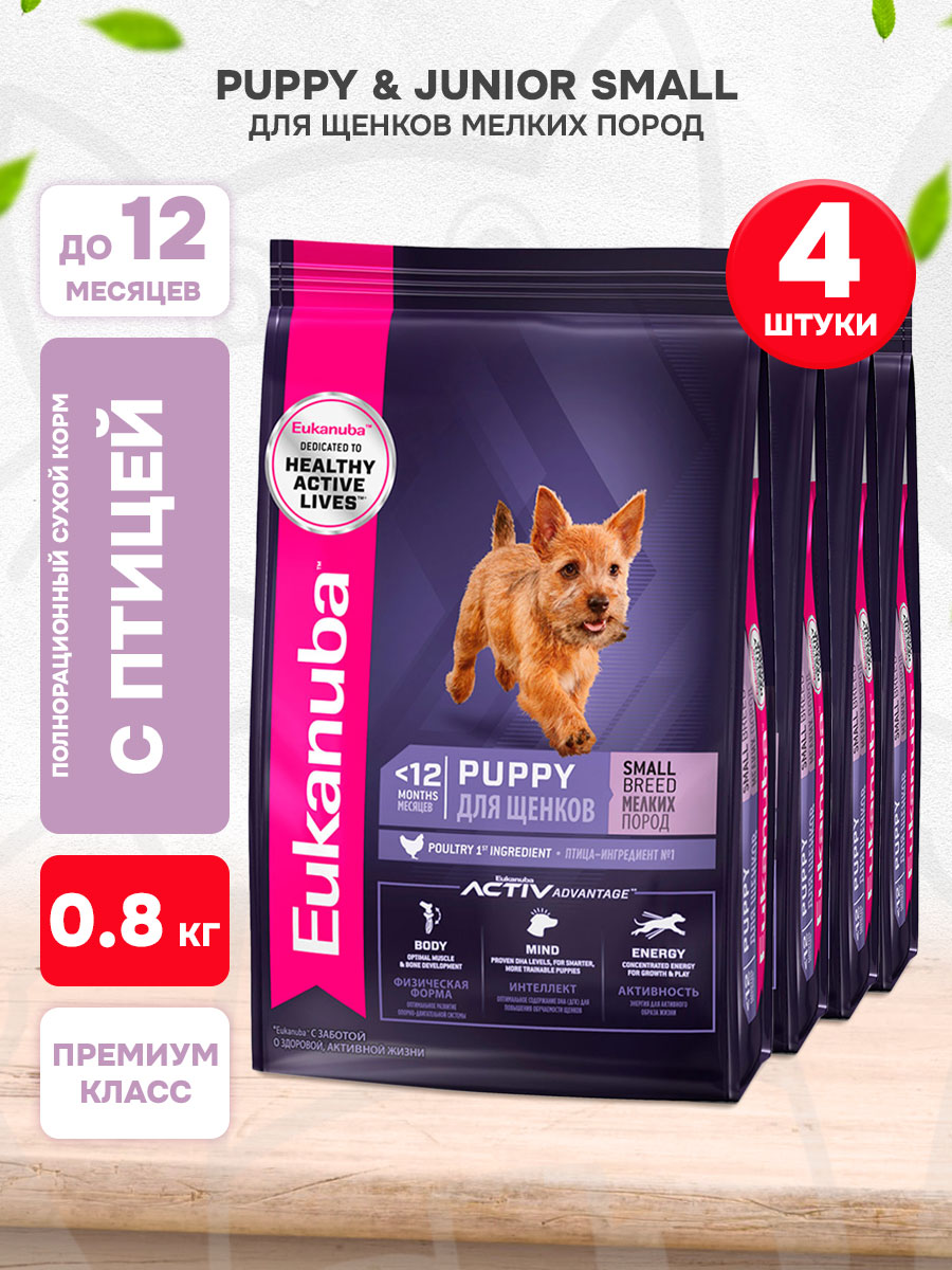 Корм сухой Eukanuba Puppy & Junior Small Breed для щенков мелких пород, 800 г 4 шт