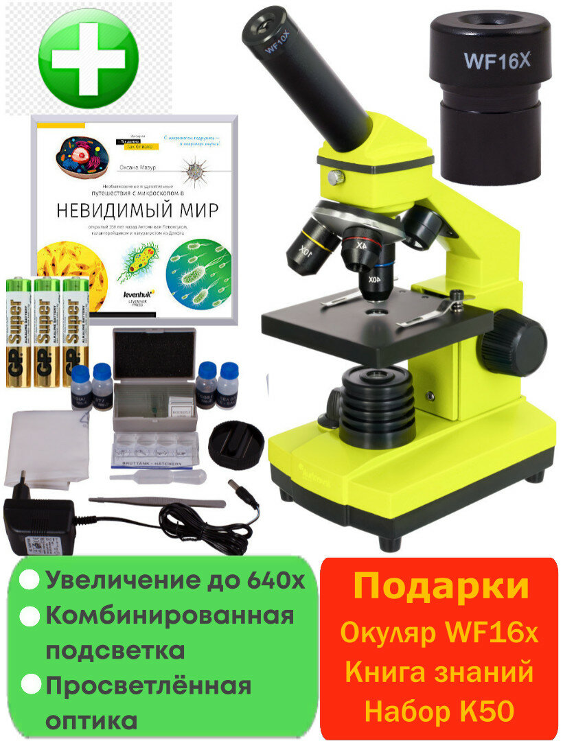 Микроскоп Levenhuk Rainbow 2L Lime (жёлтый) + Подарки