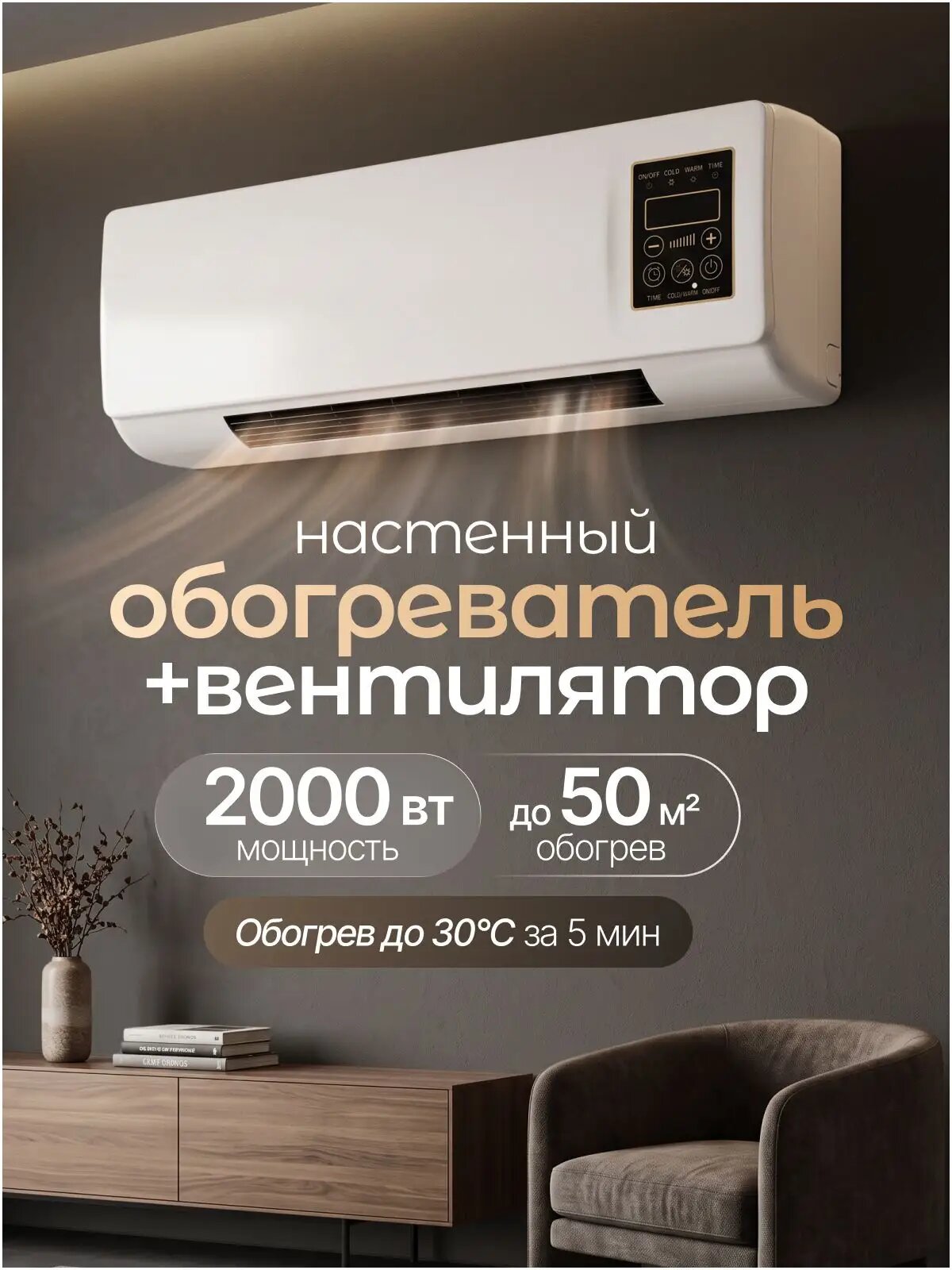 Обогреватель для дома электрический, настенный, 50 кв. м, 2000 Вт