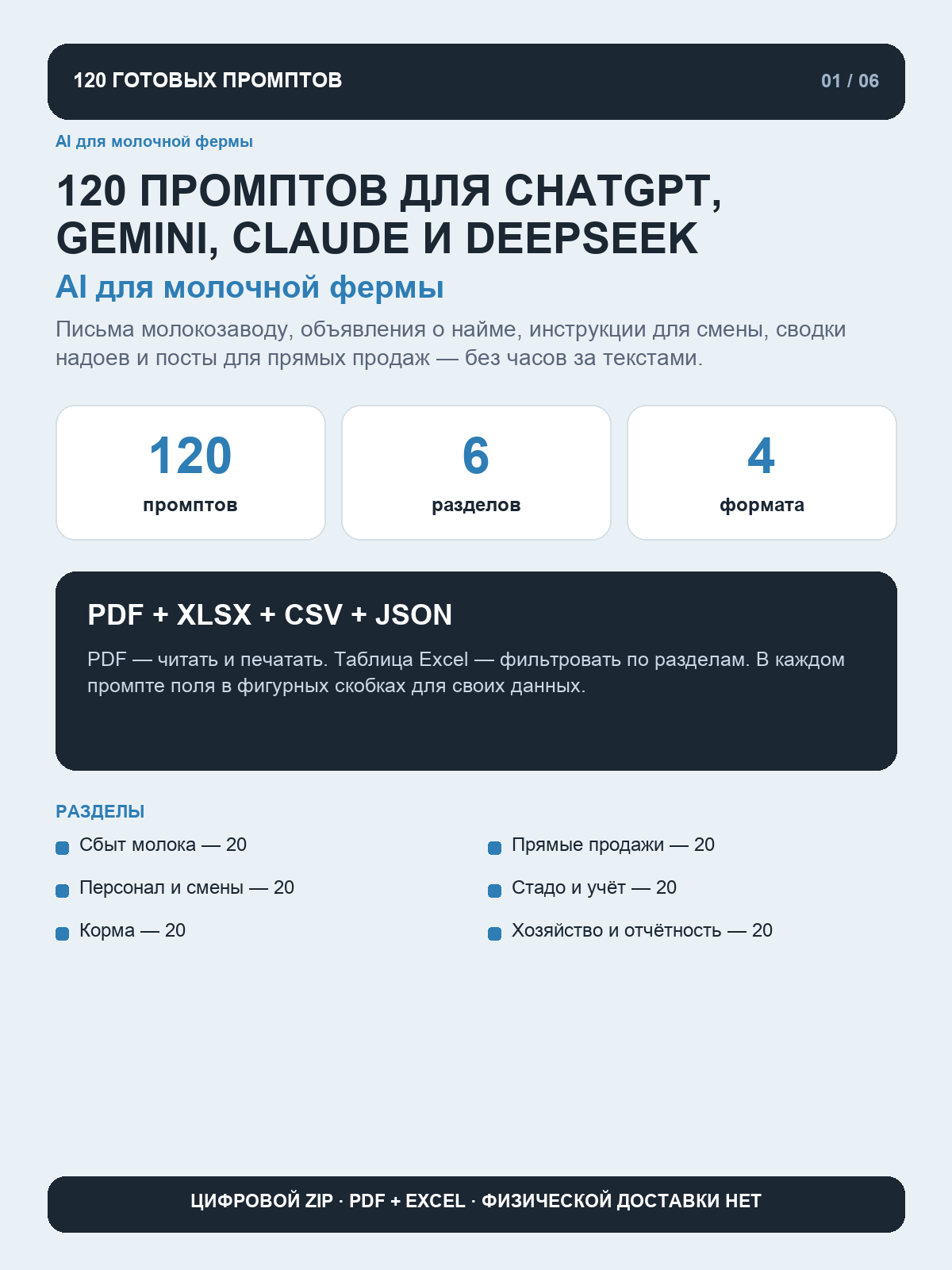 Промпты для молочной фермы: 120 готовых запросов для ChatGPT, Gemini, Claude и DeepSeek, цифровая книга PDF A4