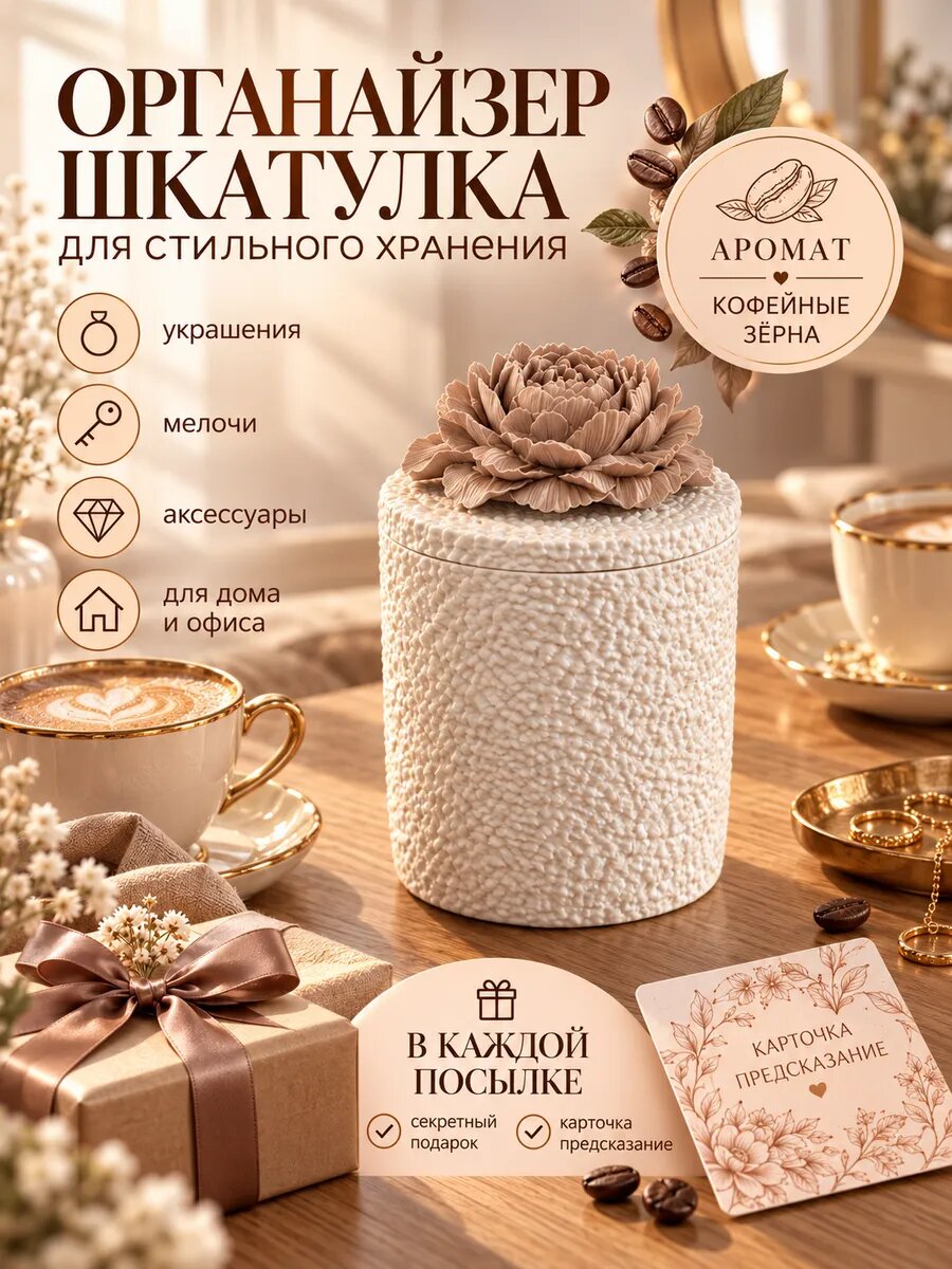 Гипсовая аромашкатулка с пионом, для украшений и мелочей, ароматическое саше, органайзер