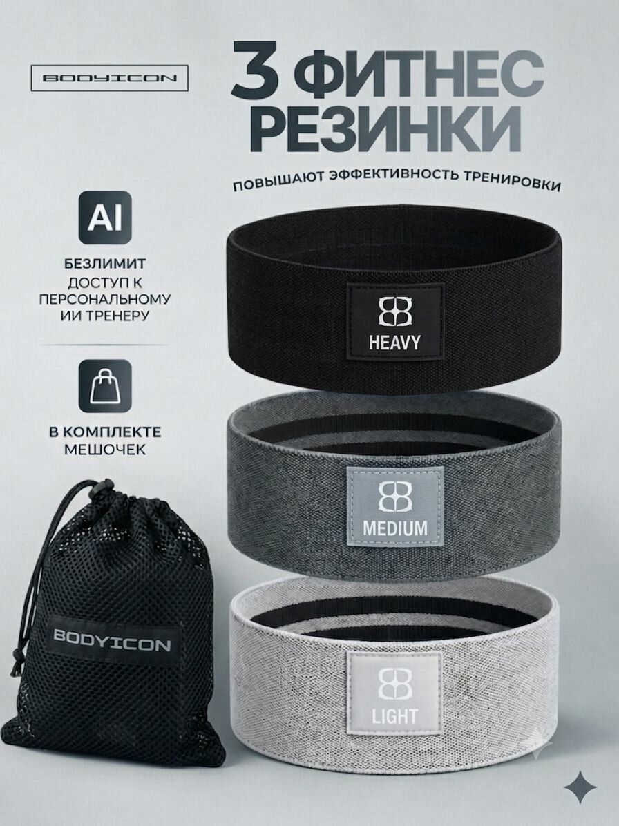 Фитнес резинки тканевые BODYICON с мешочком, комплект усиленные 3шт, резинки для фитнеса, серые