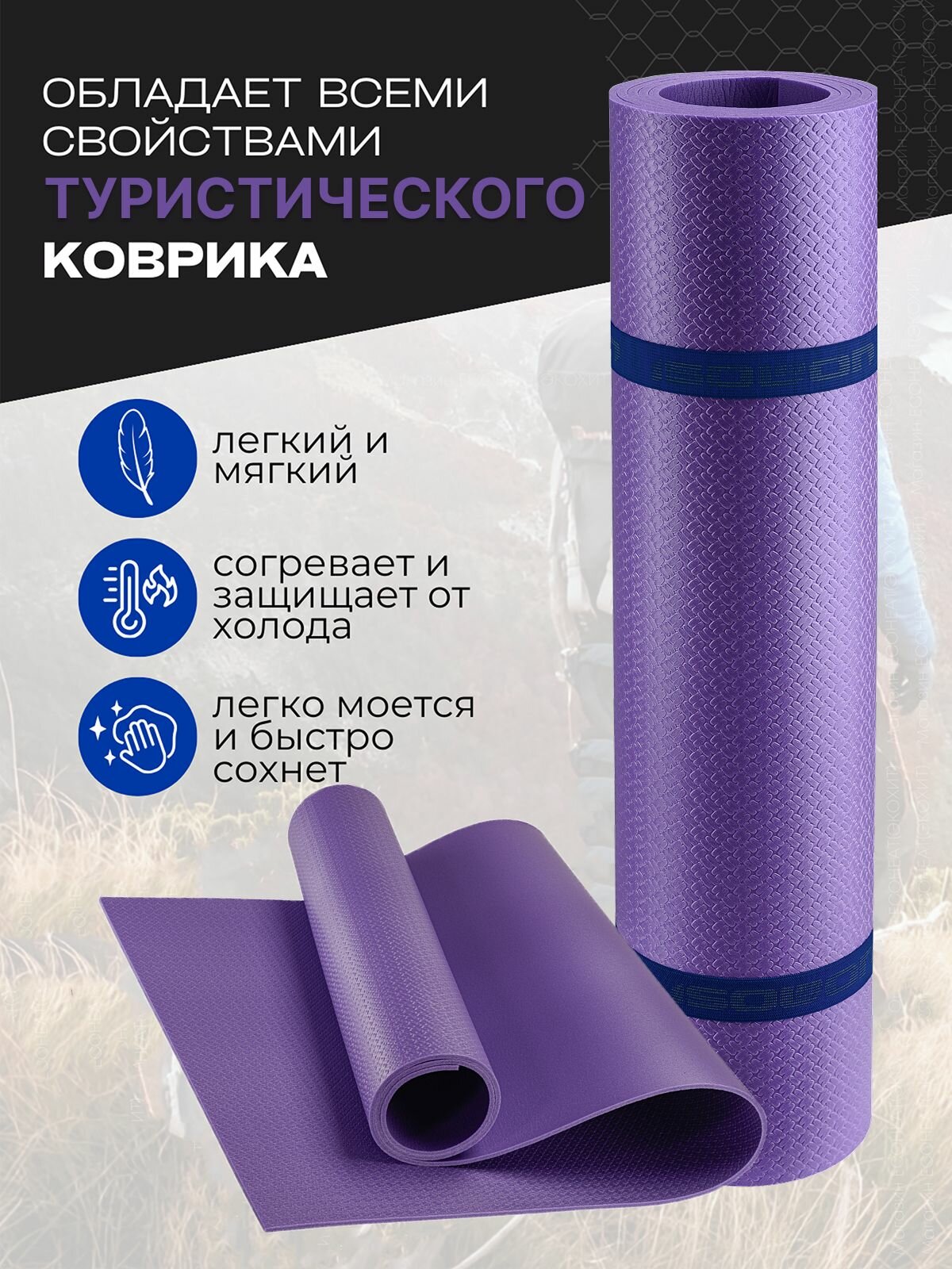 Коврик туристический / ISOLON / 180х60 см. Легкий, не промокает, для отдыха и спорта, для пляжа, 2 резинки в подарок