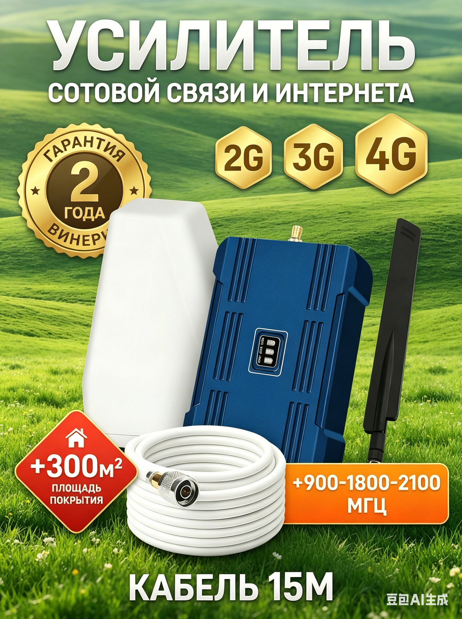 Усилитель сотовой связи 900/1800/2100 МГц (2G/3G/4G): до 70 км, направленный, синий, 1.3 кг