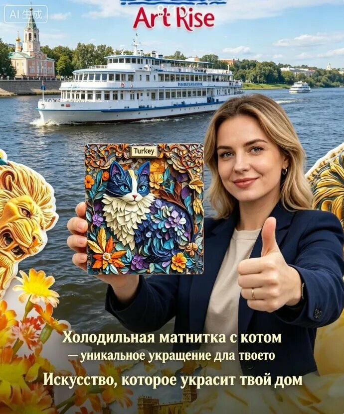 Магнит на холодильник из турецкой керамики: расписная кошка. Сувенир ручной работы, подарок из турции для путешественников