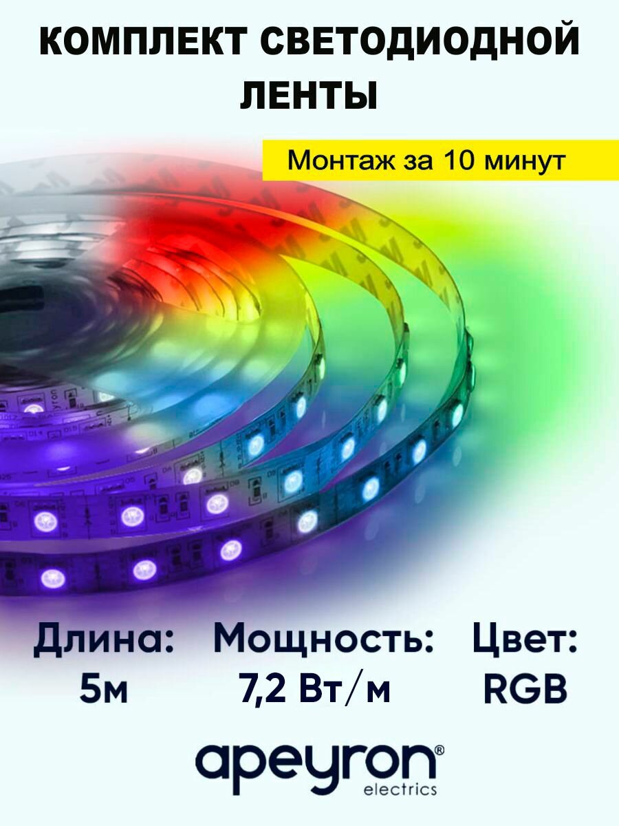 Комплект светодиодной ленты 12В, RGB, 7,2Вт/м, IP65, 5м