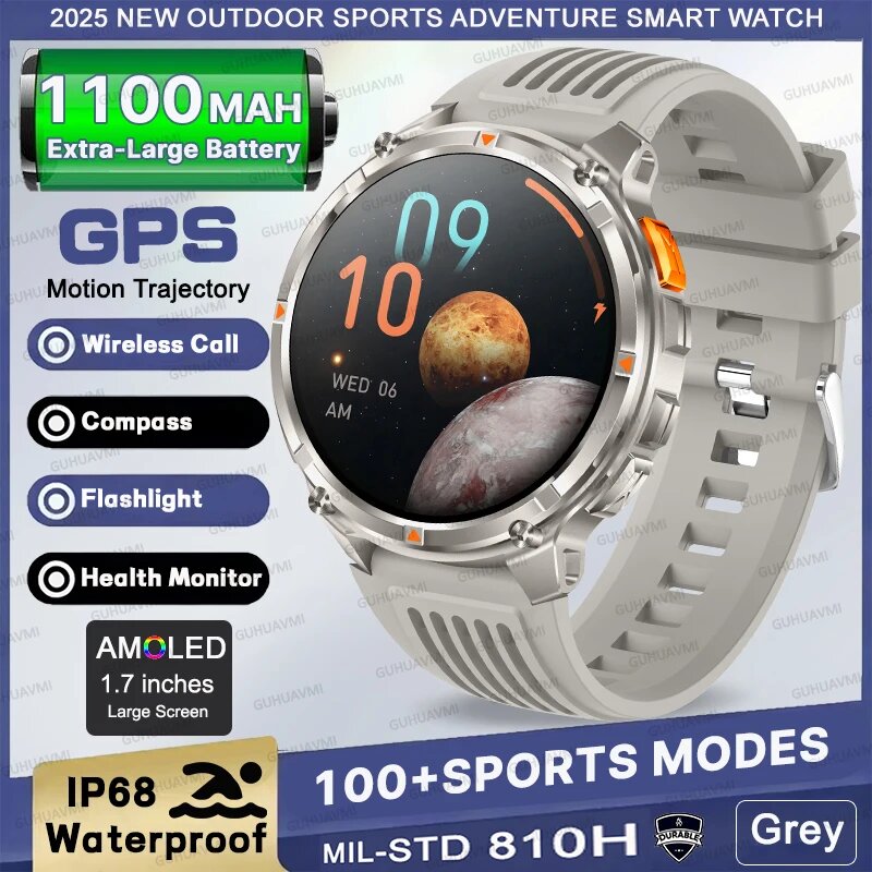 Умные часы IP68 водонепроницаемые Unisex AMOLED 1.7 дюйма Серый, Grey