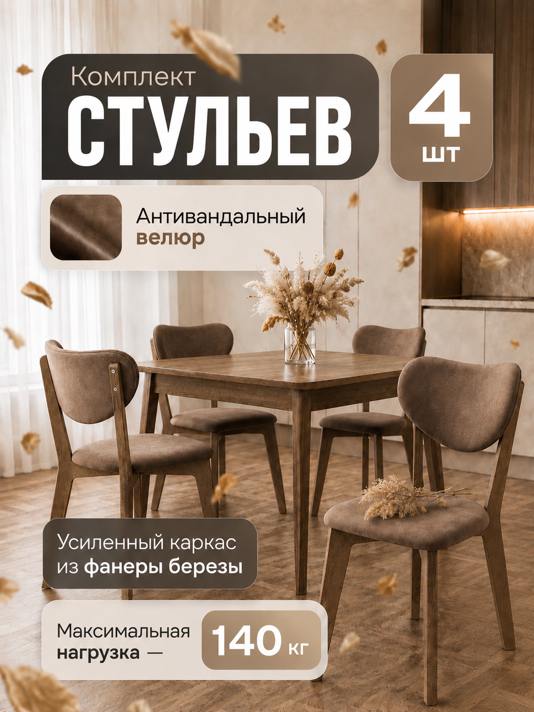 Стулья для кухни 4 шт со спинкой мягкие велюр деревянные