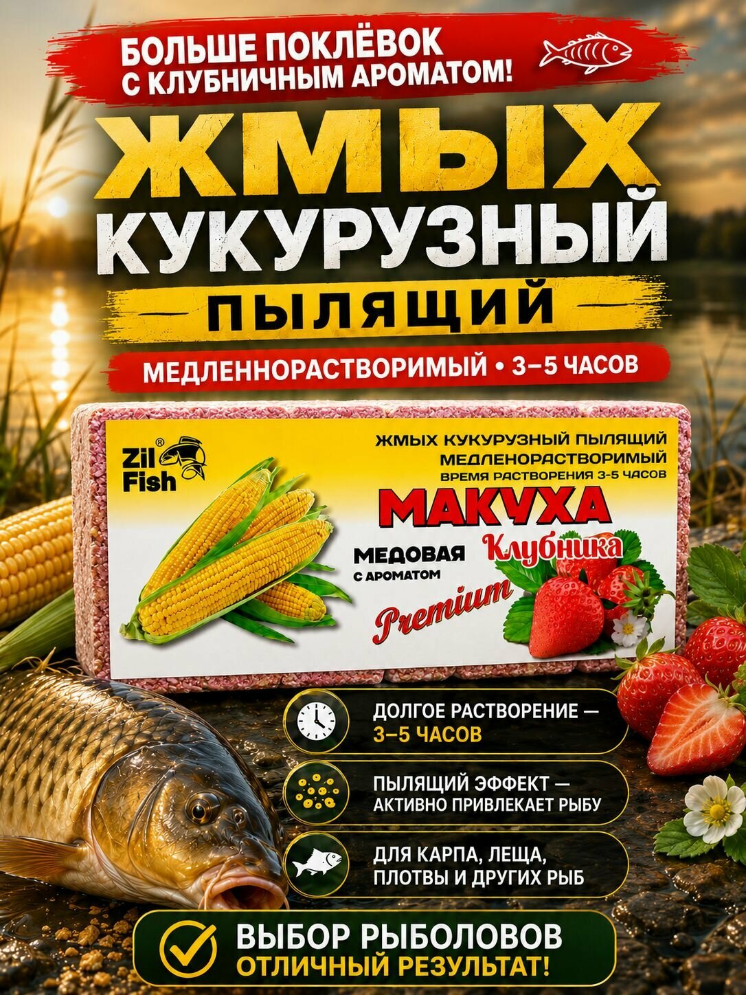 Макуха для рыбалки Zii Fish Клубника, жмых для рыбалки на карпа, леща и карася, медленнорастворимая