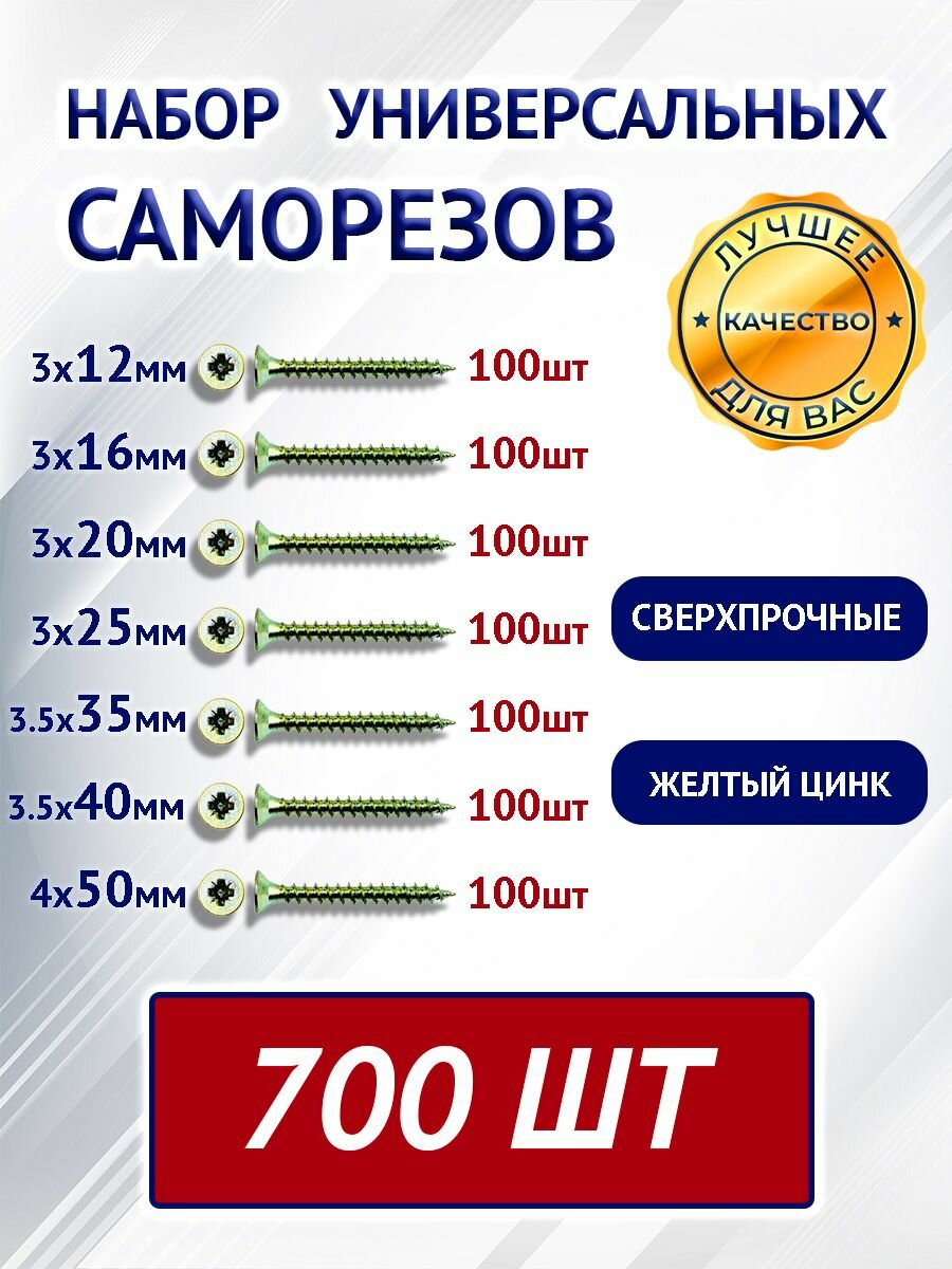 Набор универсальных саморезов 700 шт. Желтый цинк. Высокопрочные