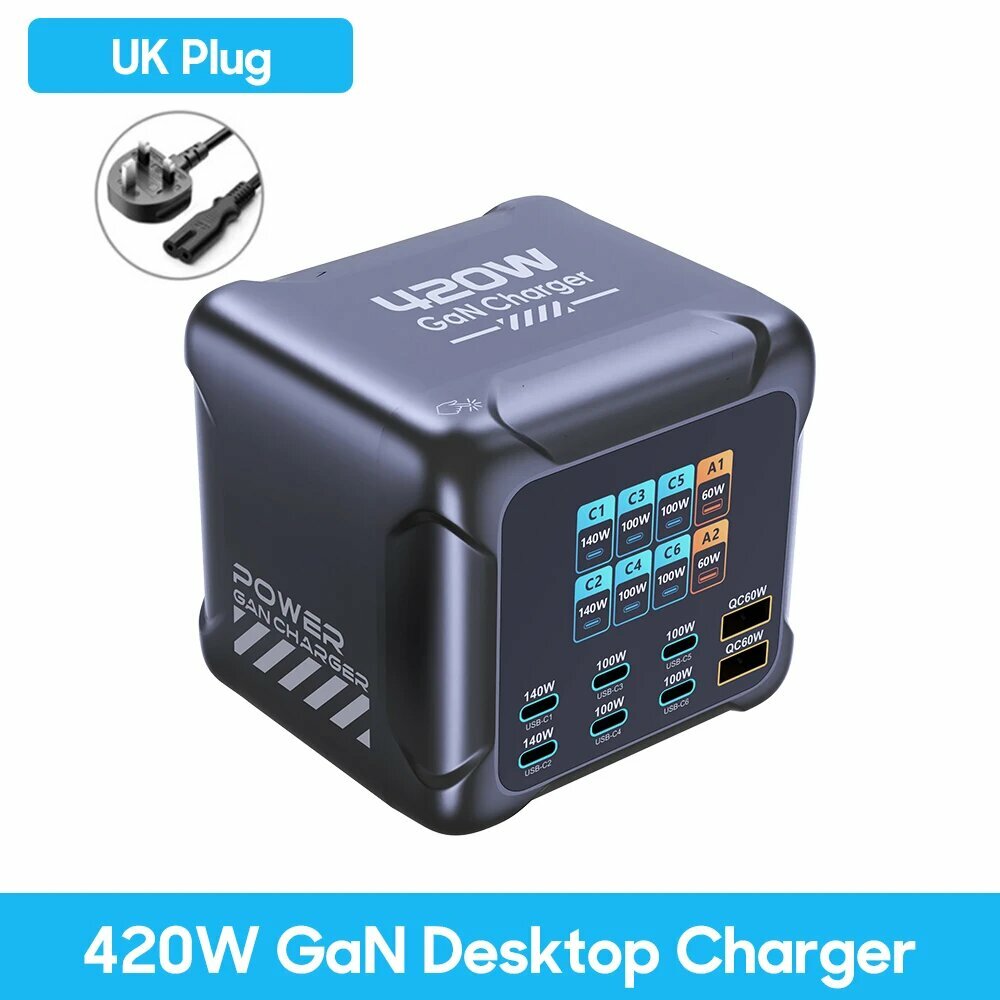 Ubigbuy 300W GaN Fast Charger USB Type C 6-портовая Настольная Зарядная Станция С 420W UK Plug