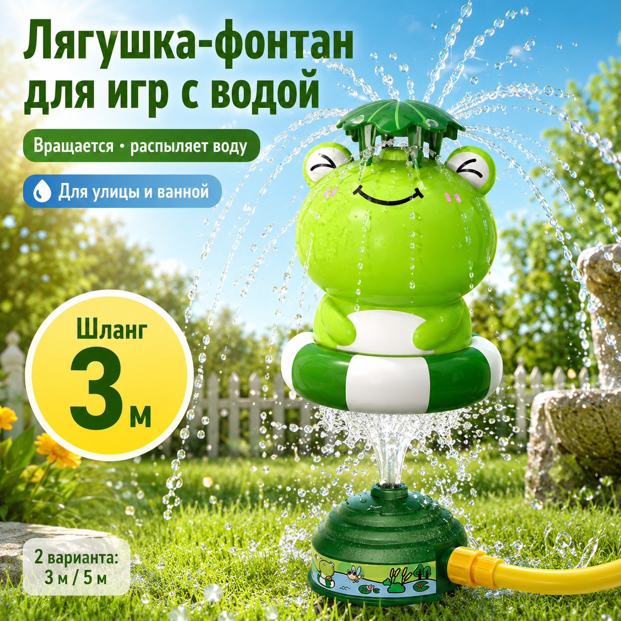 Игрушка-разбрызгиватель Лягушка со шлангом 3/5 м, вращающийся фонтан для дачи и двора