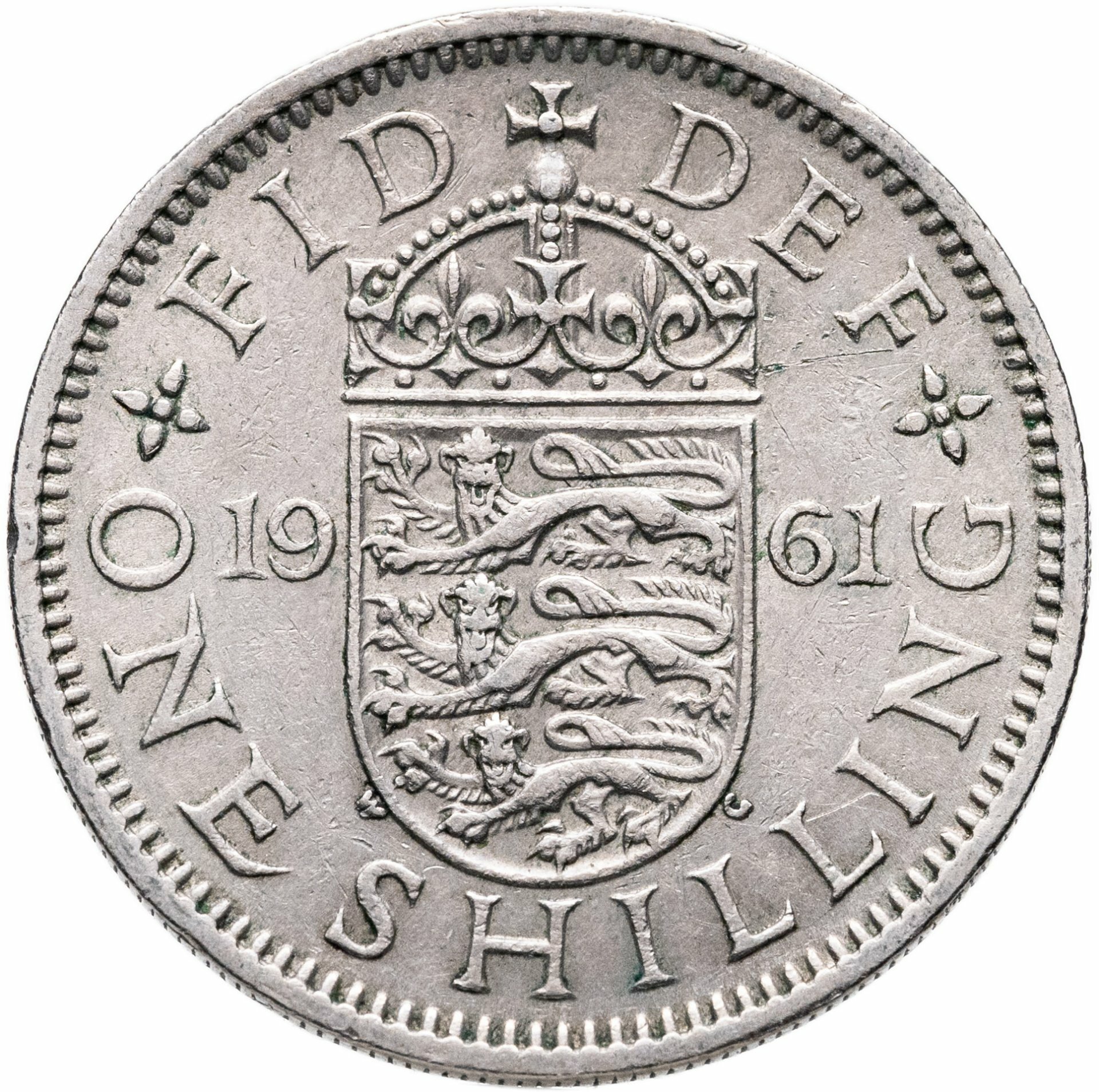Великобритания 1 шиллинг shilling 1961 Английский герб - 3 льва внутри коронованного щита, Мельхиор медь-никель, в сохранности VF-XF