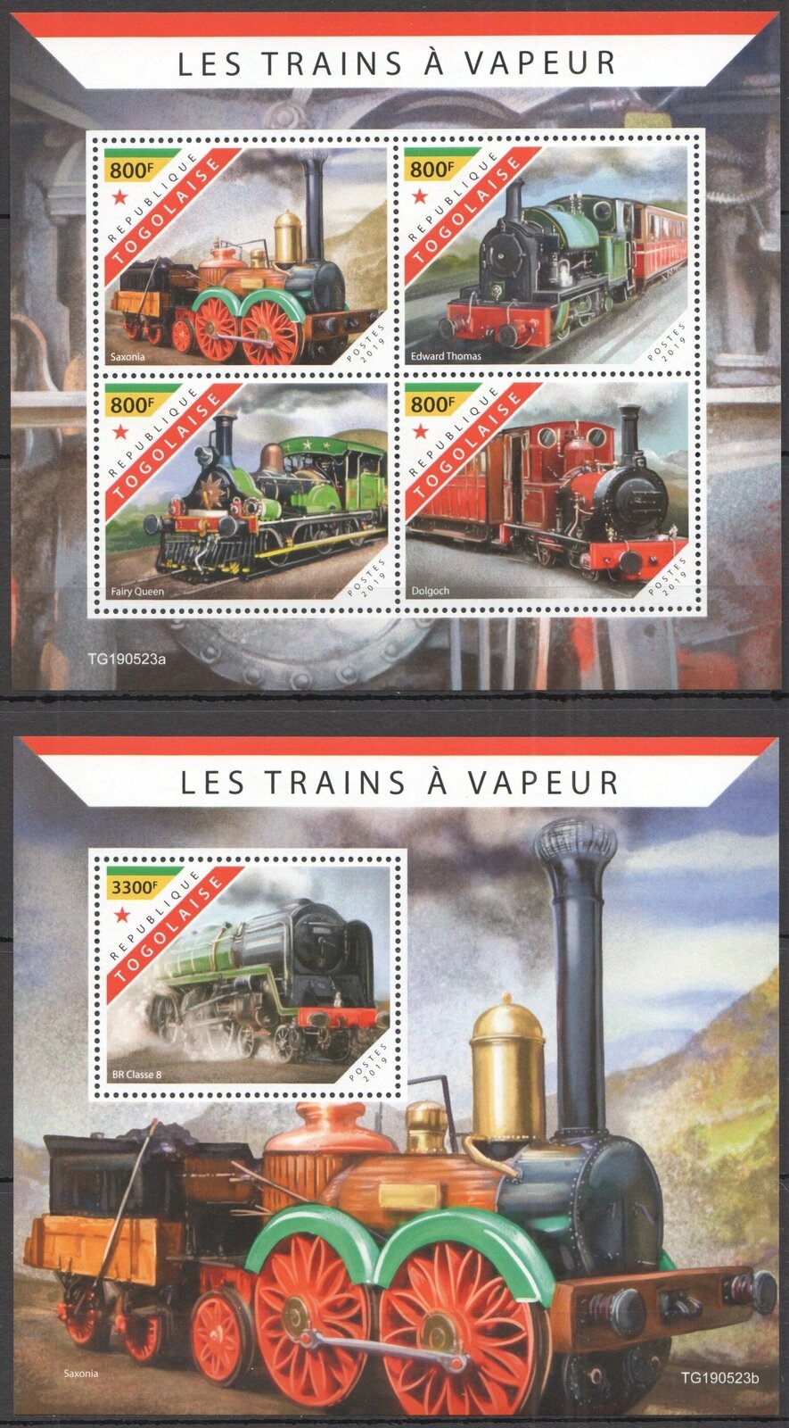 Марки 2019 год Того Паровые поезда Локомотивы Транспорт #7659-7662+Bl1759 Mnh