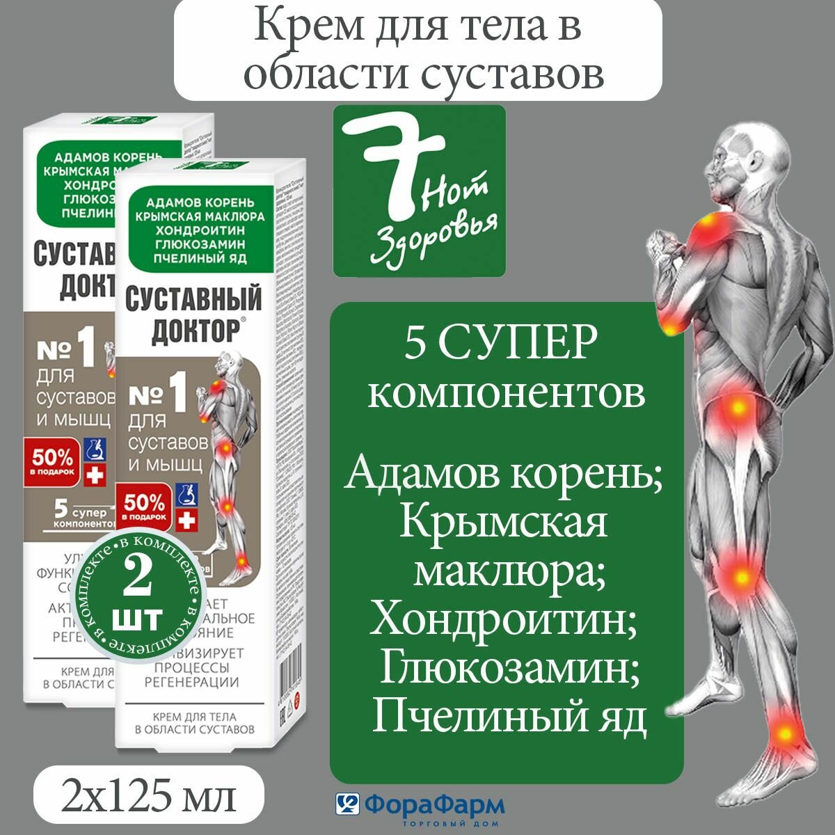 Крем для суставов 7 Нот Здоровья Суставный доктор маклюра, адамов корень, хондроитин-глюкозамин, 125 мл. НПО ФораФарм. Набор 2 штуки.