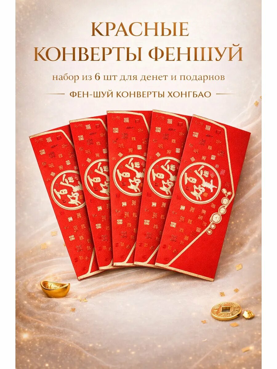 Конверты фен шуй красные для денег набор 6 шт, для дома, в подарок