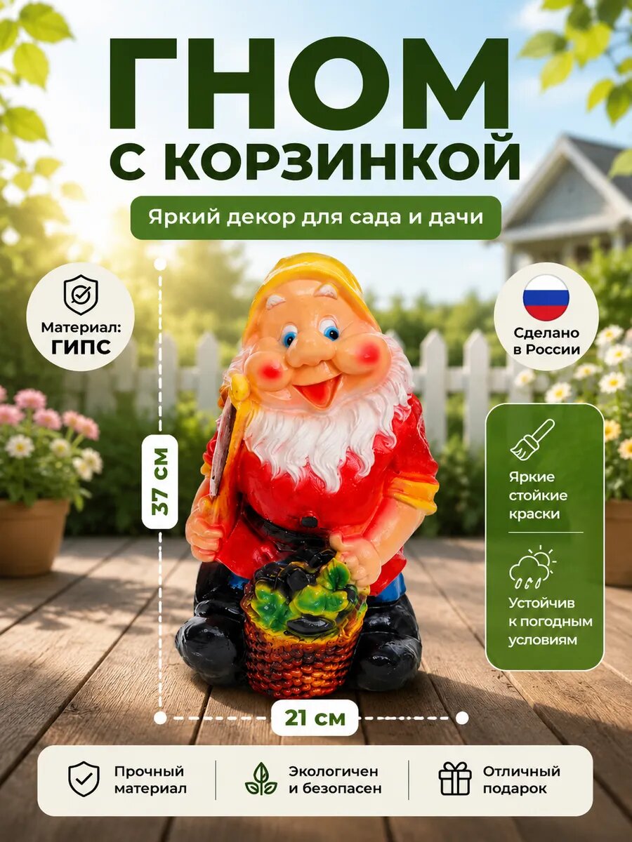 Гном садовый из гипса с корзинкой баклажан
