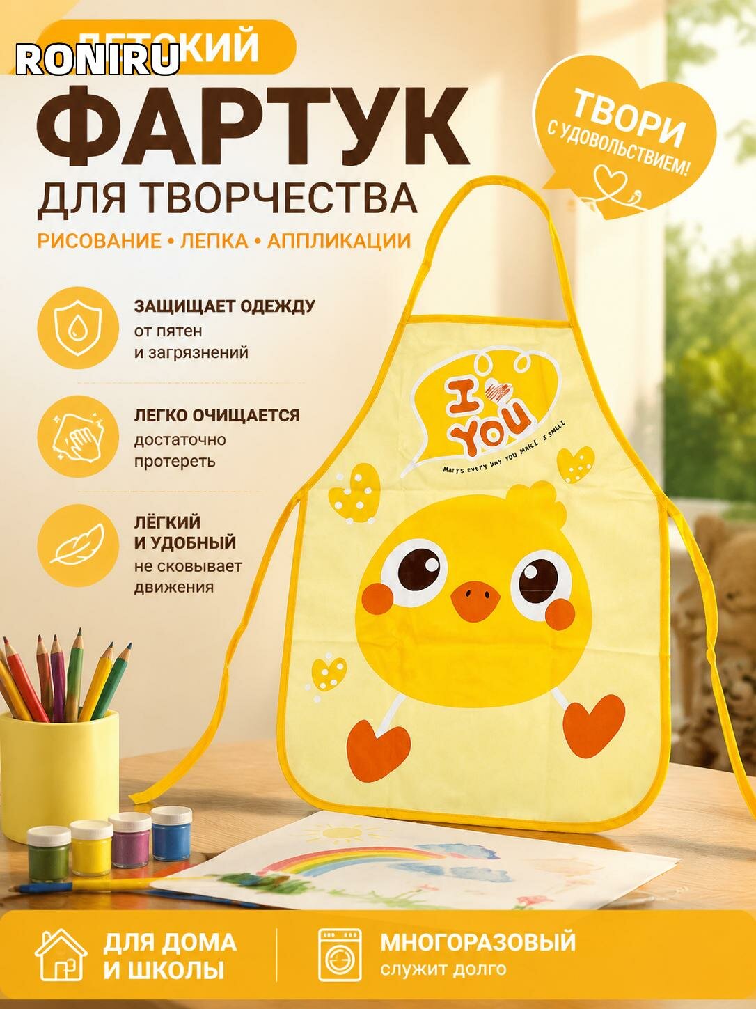 Детский фартук с рукавами для рисования, лепки и аппликаций — многоразовый лёгкий легко очищается, для школы и дома