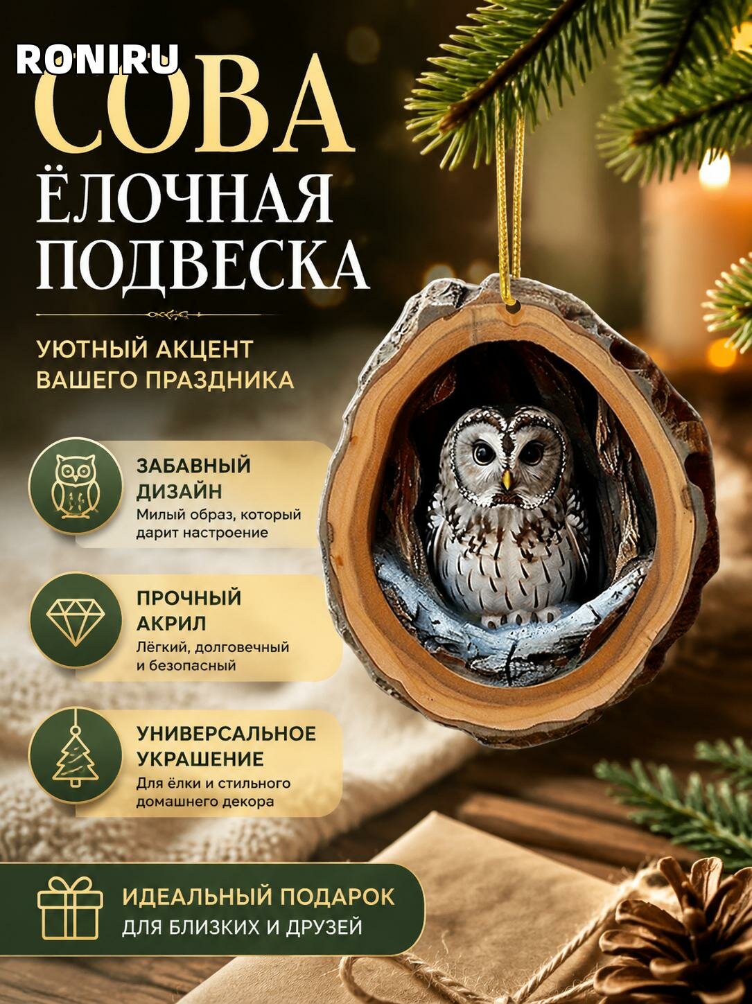 Сова рождественская елочная подвеска — забавный круглый дизайн, акриловое украшение для ёлки и домашнего декора