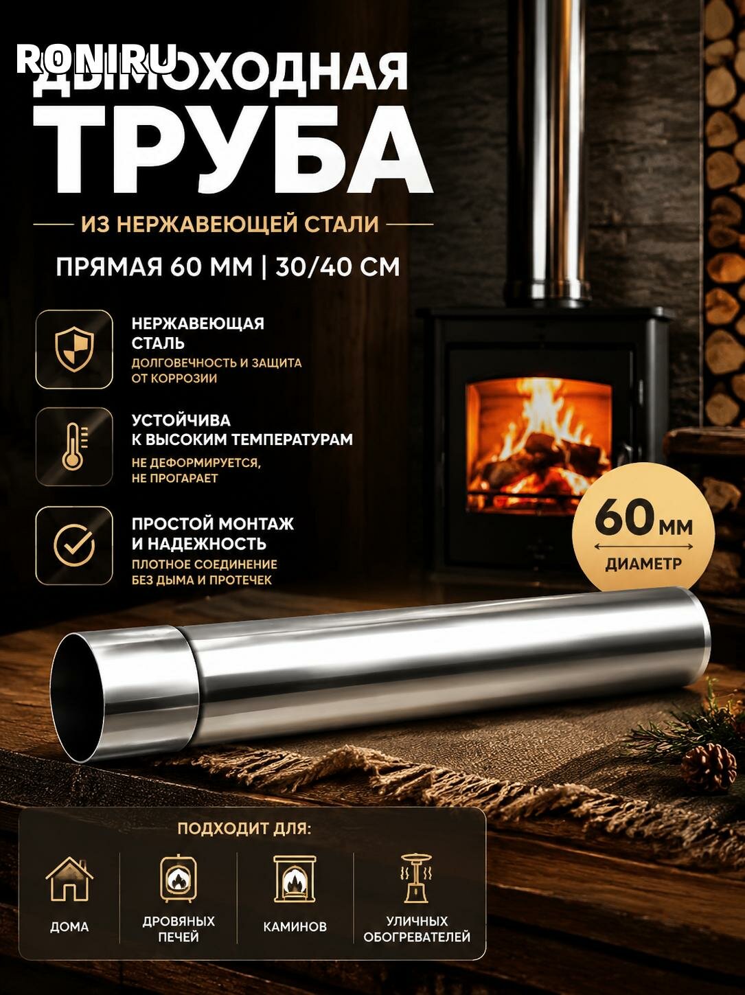Дымоходная труба из нержавеющей стали 60 мм прямой 30/40 см для дома, дровяной печи, камина и уличного отопителя