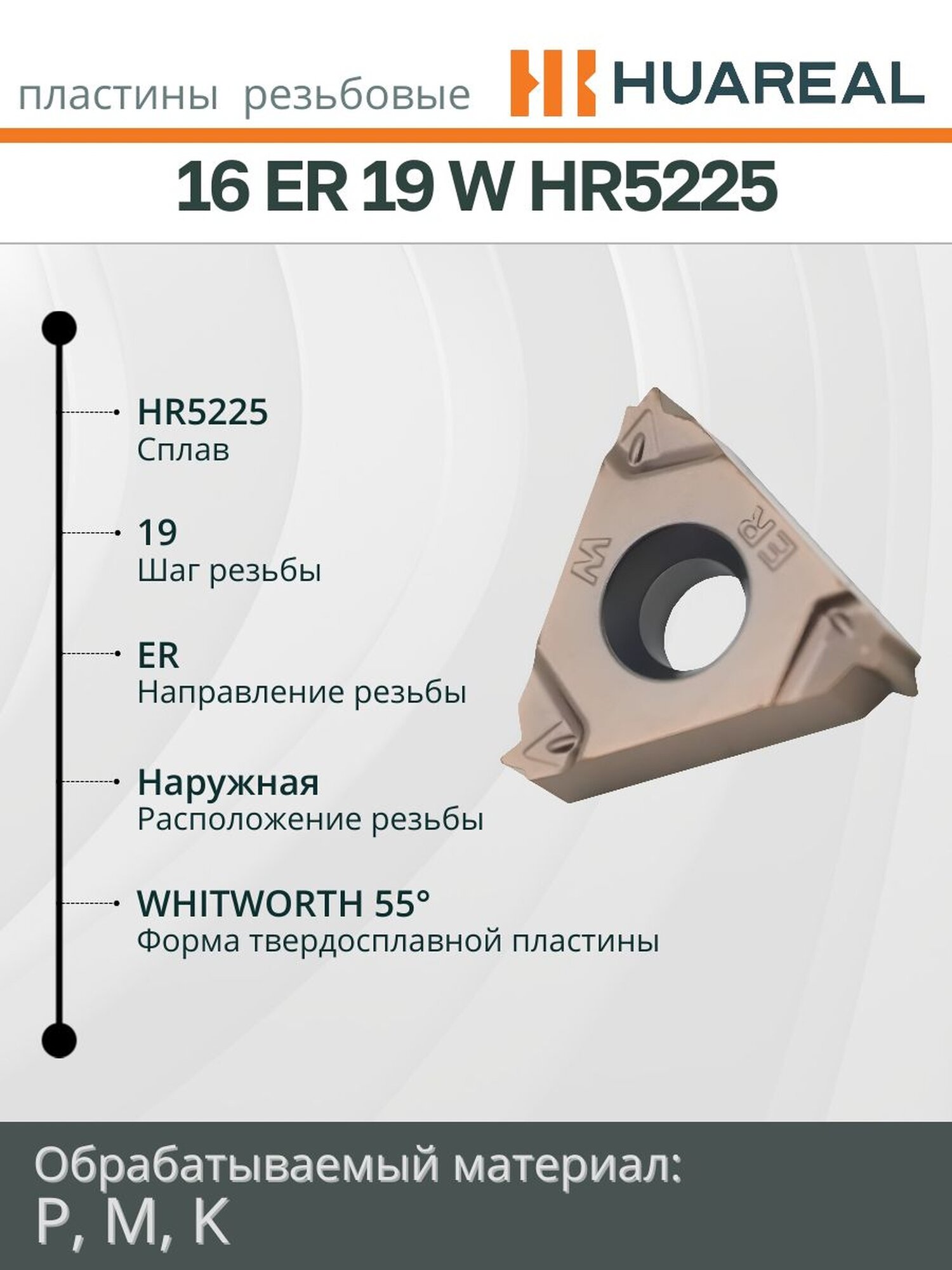 Сменная пластина резьбовая 16 ER 19 W HR5225 HUAREAL, 10 шт в наборе