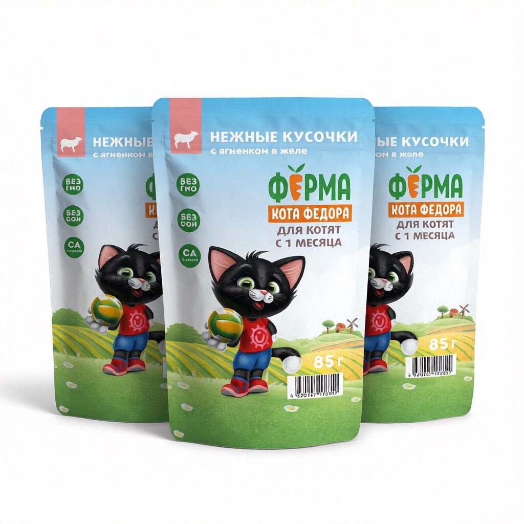 Влажный корм для котят Ферма кота Фёдора, нежные кусочки в желе с ягненком, 3 шт х 85 гр