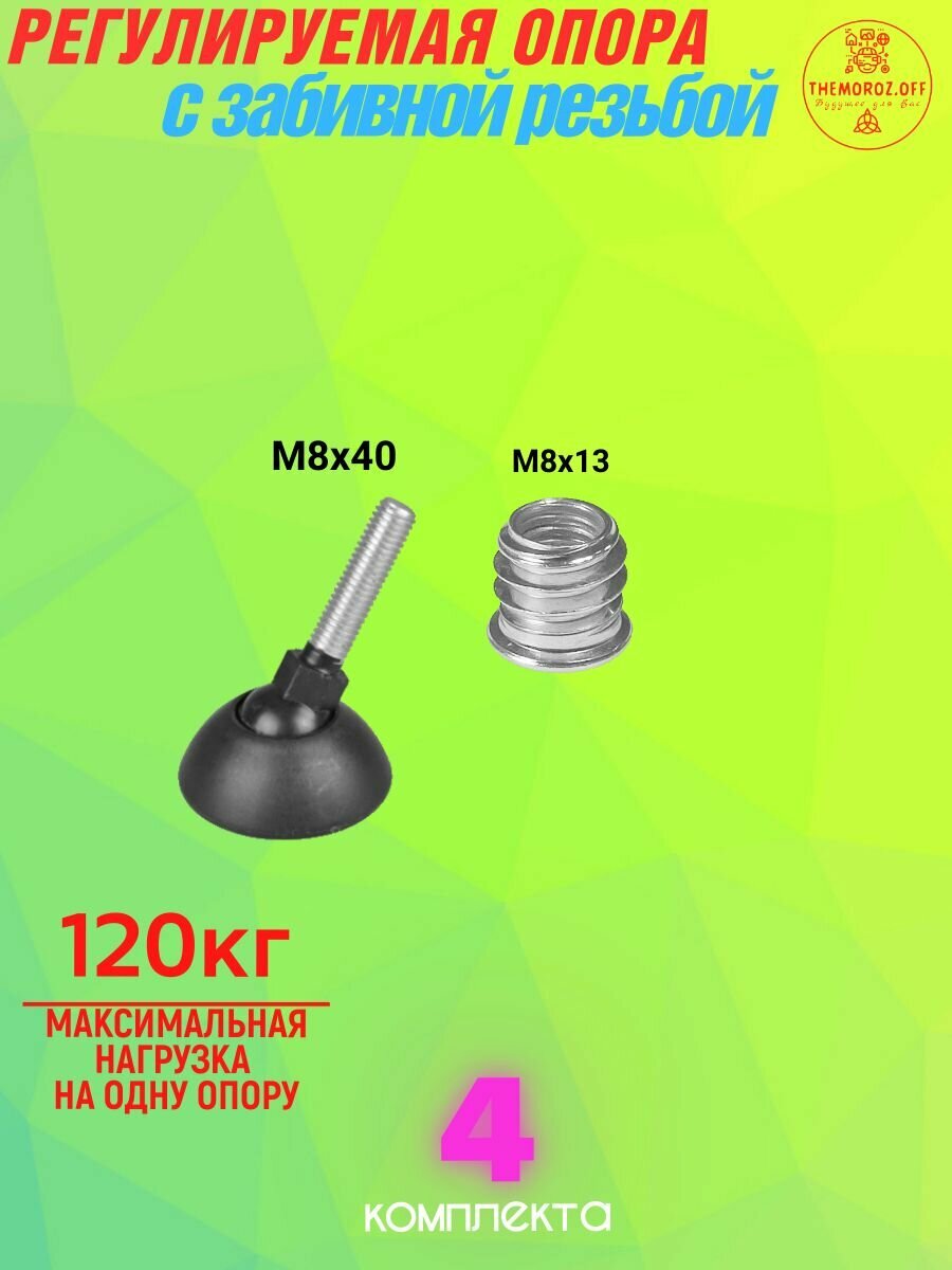 Регулируемая опора мебельная М8х40, 4 штуки