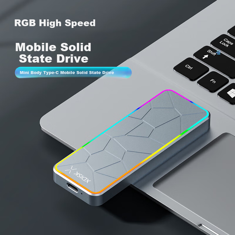 XDISK M Series 256GB USB3.2 портативный SSD с Type-C, блестящая серая, многоцветная подсветка и ударопрочное резервное