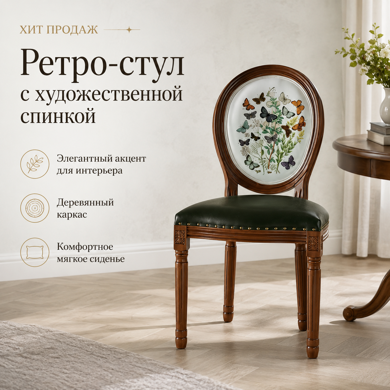 Пара деревянных стульев в стиле прованс, вышивка сакуры на спинке, мягкая белая обивка сиденья 2 штуки