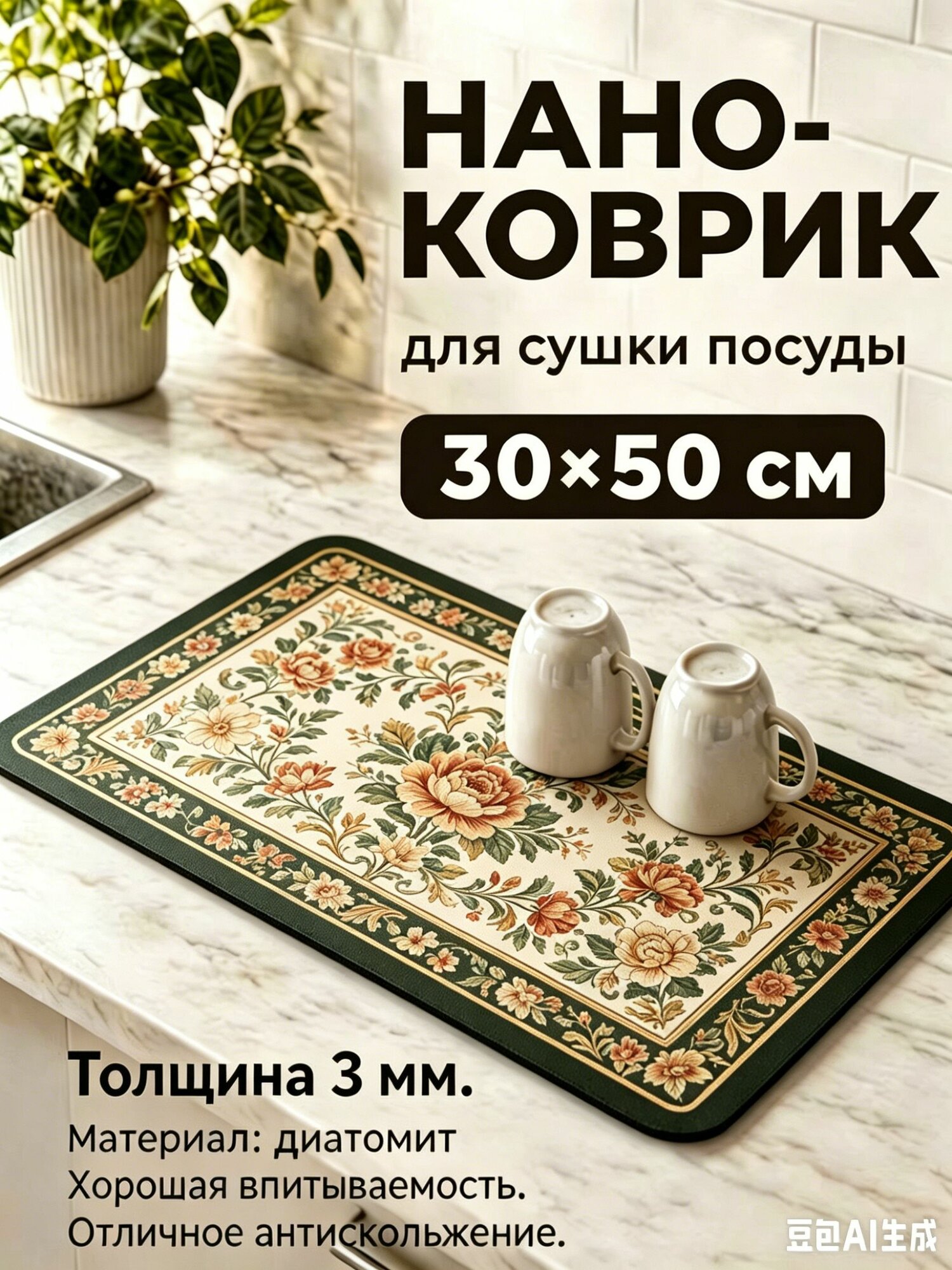 Коврик для сушки посуды, 50 см х 30 см , 1 шт