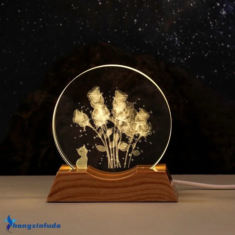 Ночник "Цветы и кот" с теплым светом, 10см, настольный, LED