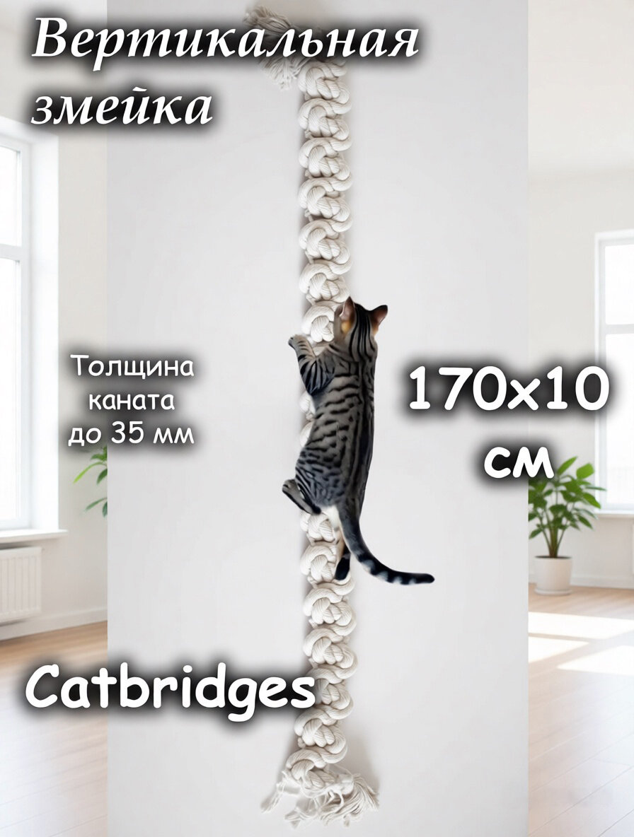 Вертикальная Змейка 170x10x3,2 см. С креплениями. Catbridges Настенный мост для кошек. Когтеточка.