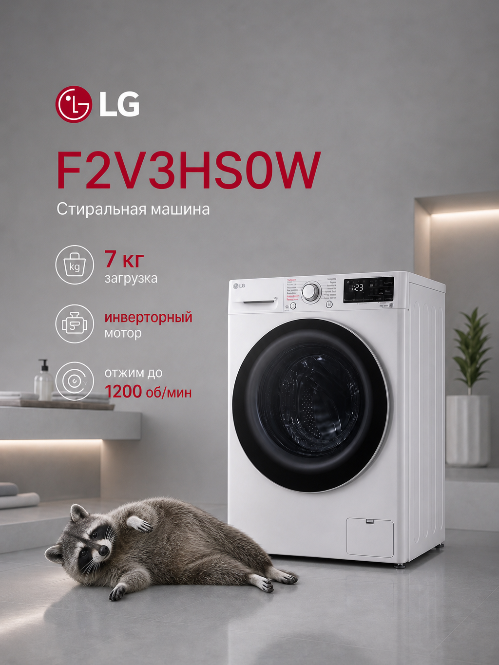 Стиральная машина узкая 7 кг LG F2T3HS6W с паром дозагрузка белья белая