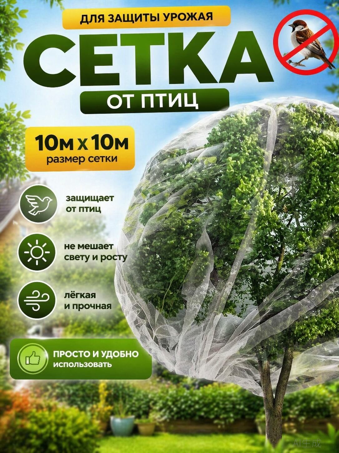 Сетка садовая защитная от птиц, Полиэтилен,10х10м