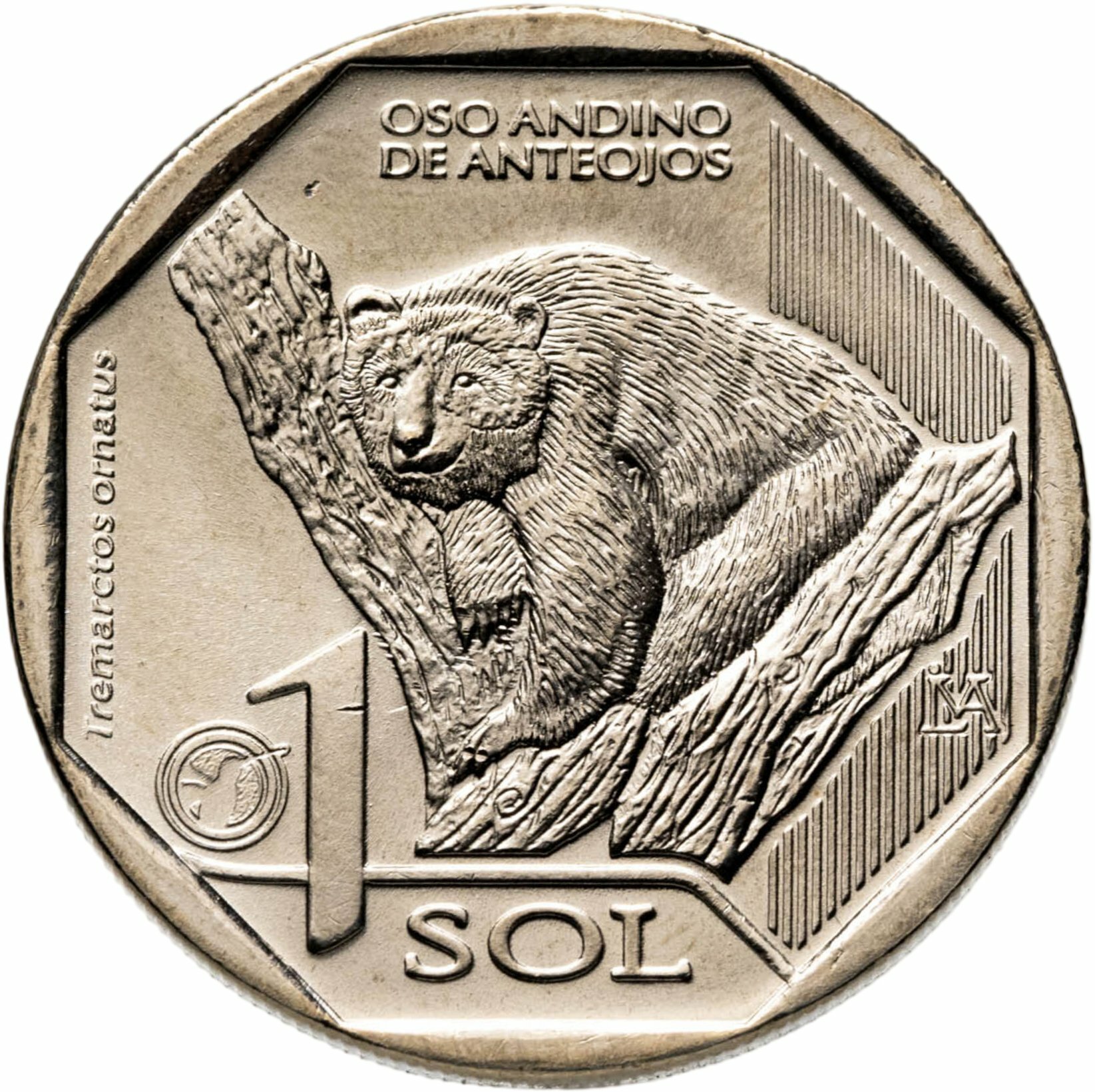 Перу 1 соль sol 2017 "Фауна Перу - Очковый медведь Tremarctos ornatus", МНЦ медь-никель-цинк, в сохранности UNC