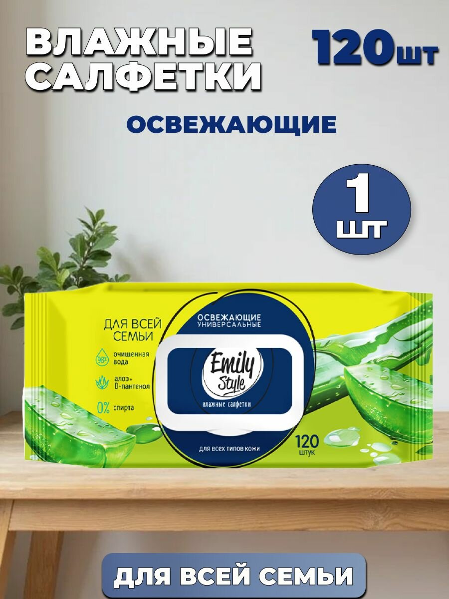 Влажные салфетки EMILY STYLE Для всей семьи с клапаном, алоэ (1уп по 120шт)