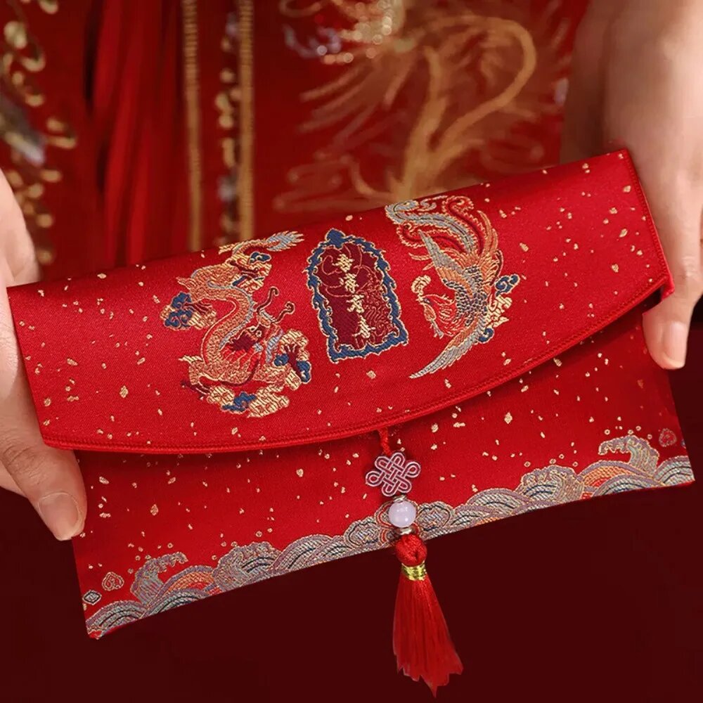 Красный свадебный конверт с вышивкой HongBao