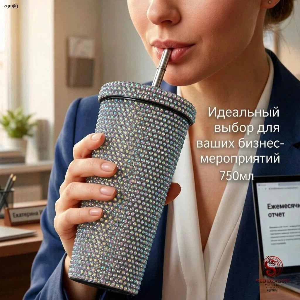 Набор кружки со стразами 750 мл, сталь 304, трубочка и щётки