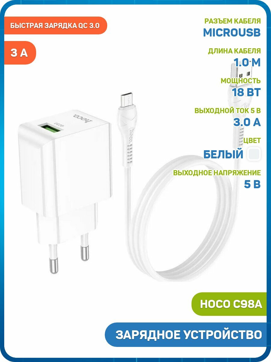 Сетевое зарядное устройство (СЗУ) Hoco C98A QC 3.0 (USB) + кабель MicroUSB, 18 Вт/3 А, белый